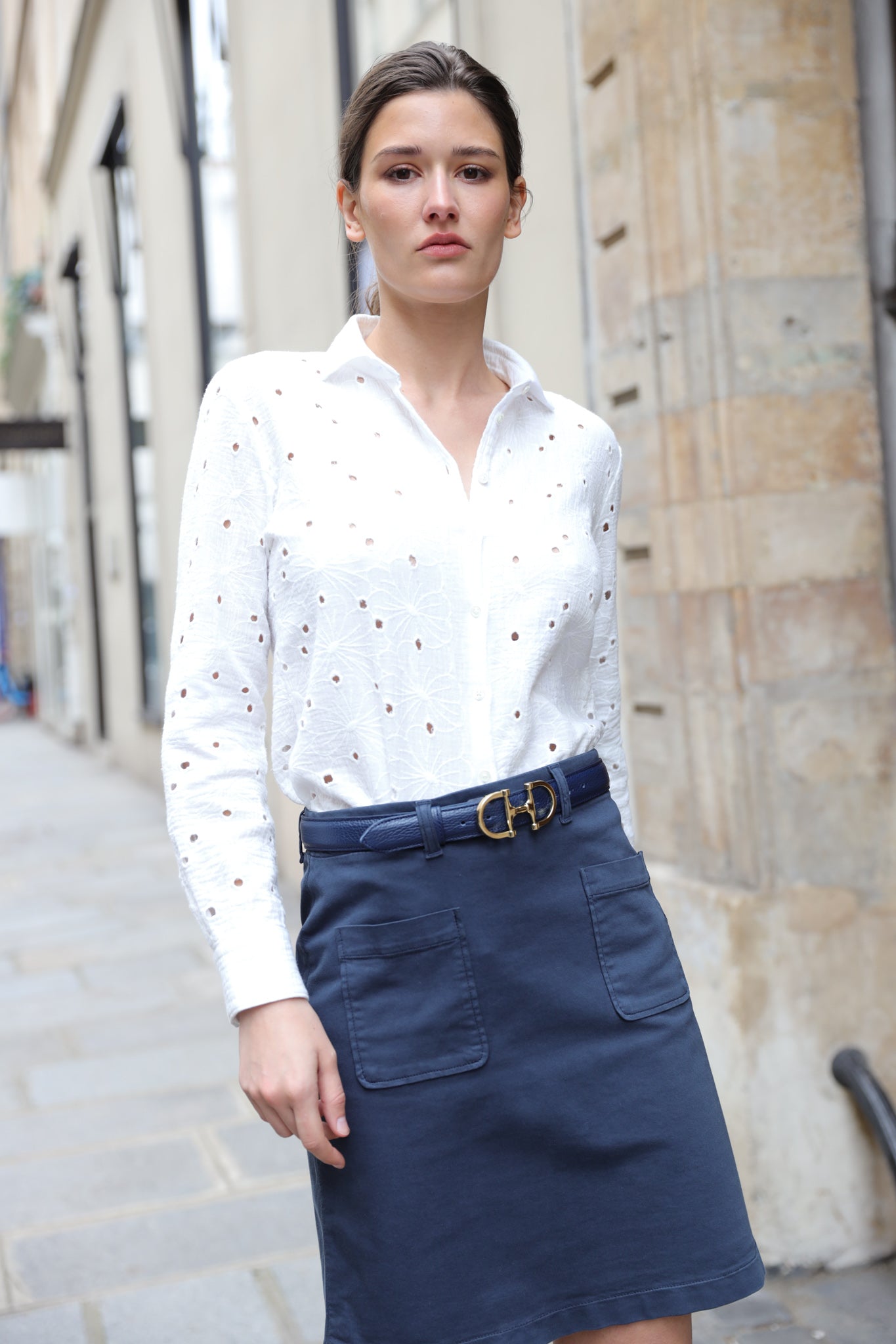 Jupe d'été casual chic en coton stretch marine - Curling Paris