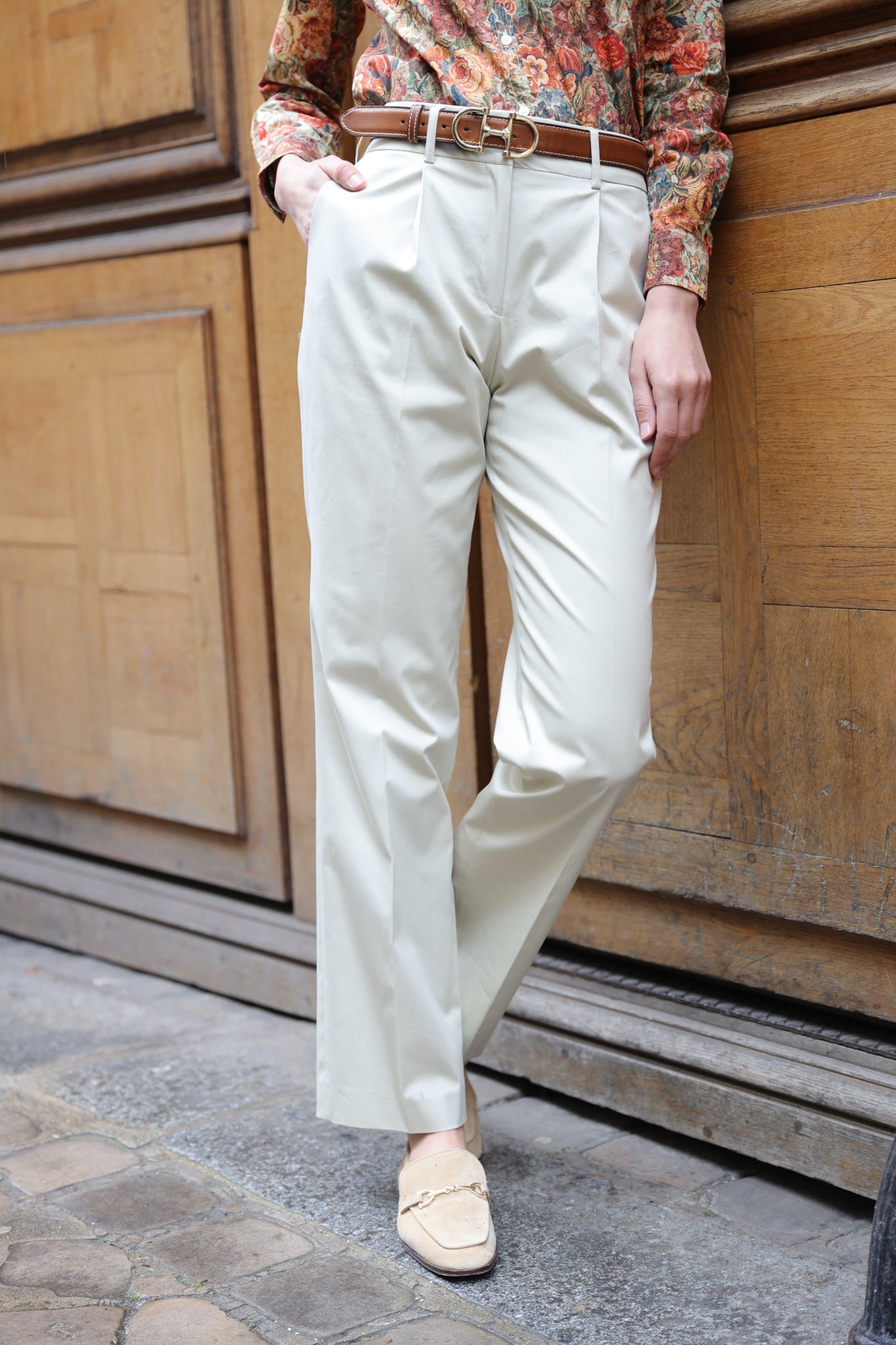 Pantalon femme à pinces en coton stretch beige - Curling Paris