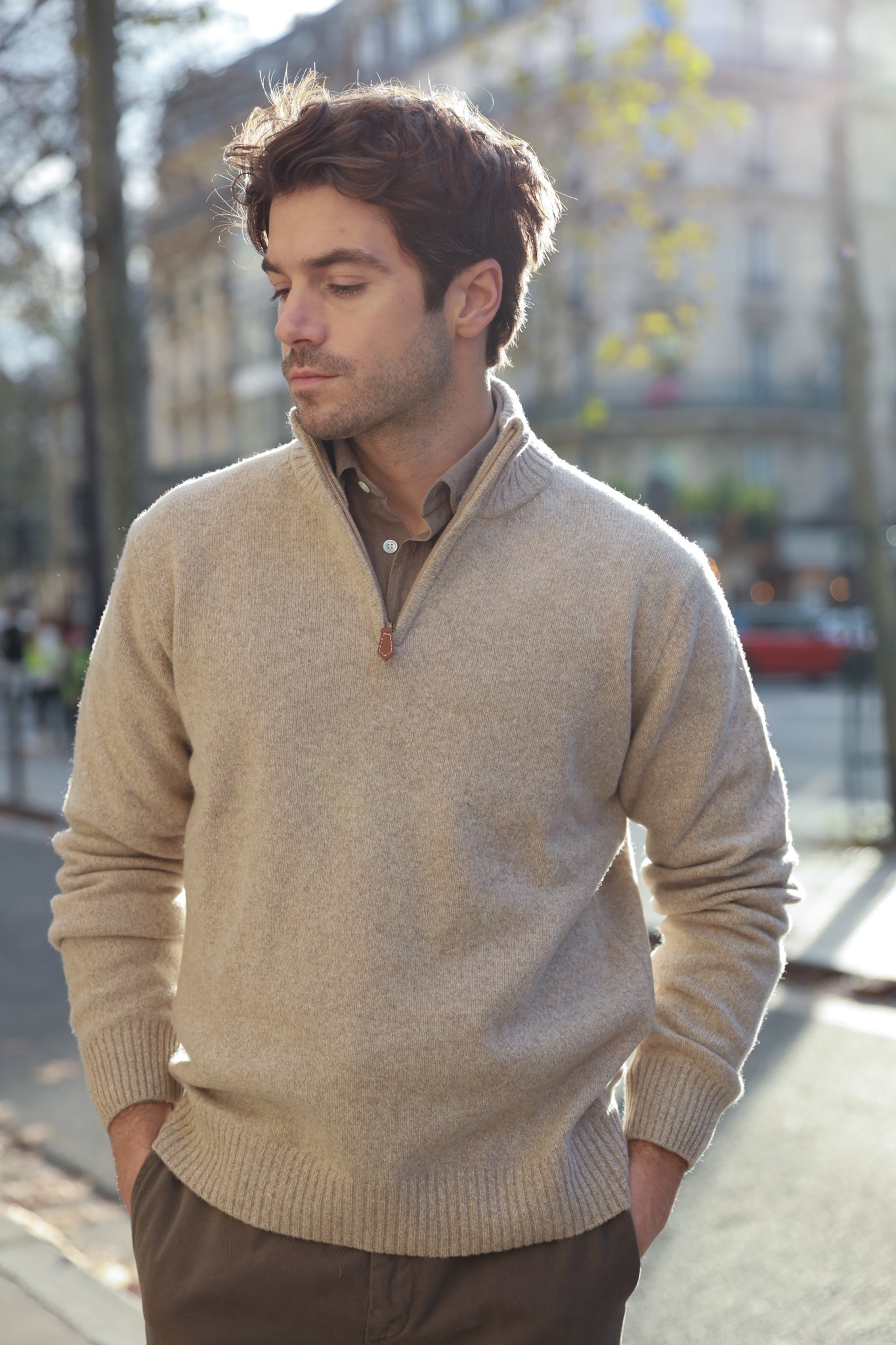Pull homme col zippé Jude en Laine d’agneau - Beige