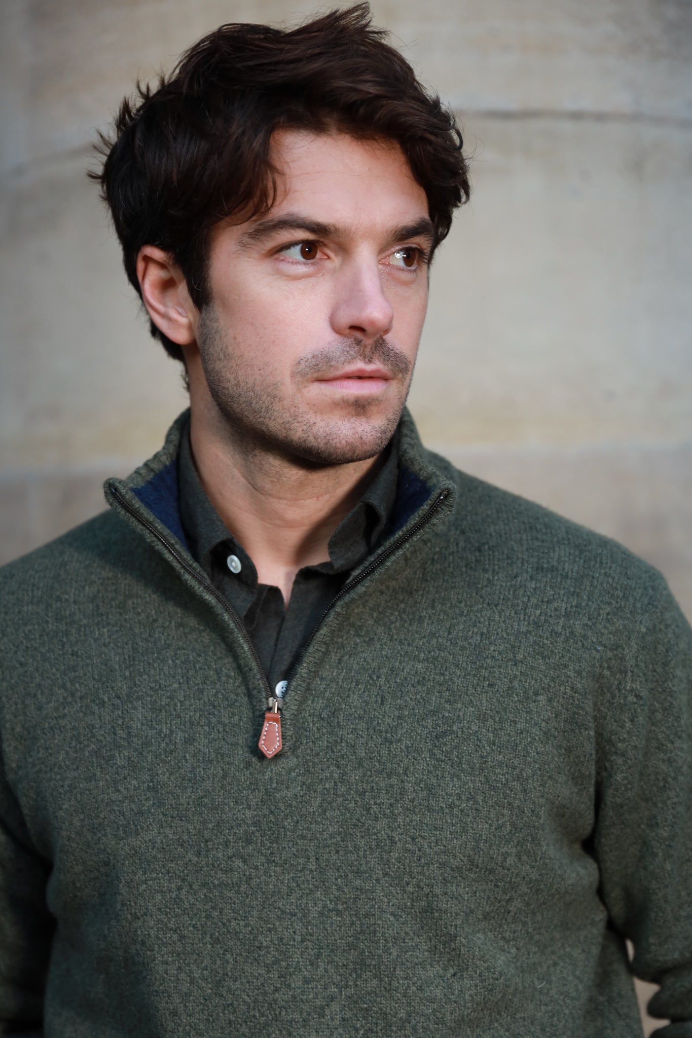 Pull homme col zippé Jude en Laine d’agneau - Kaki