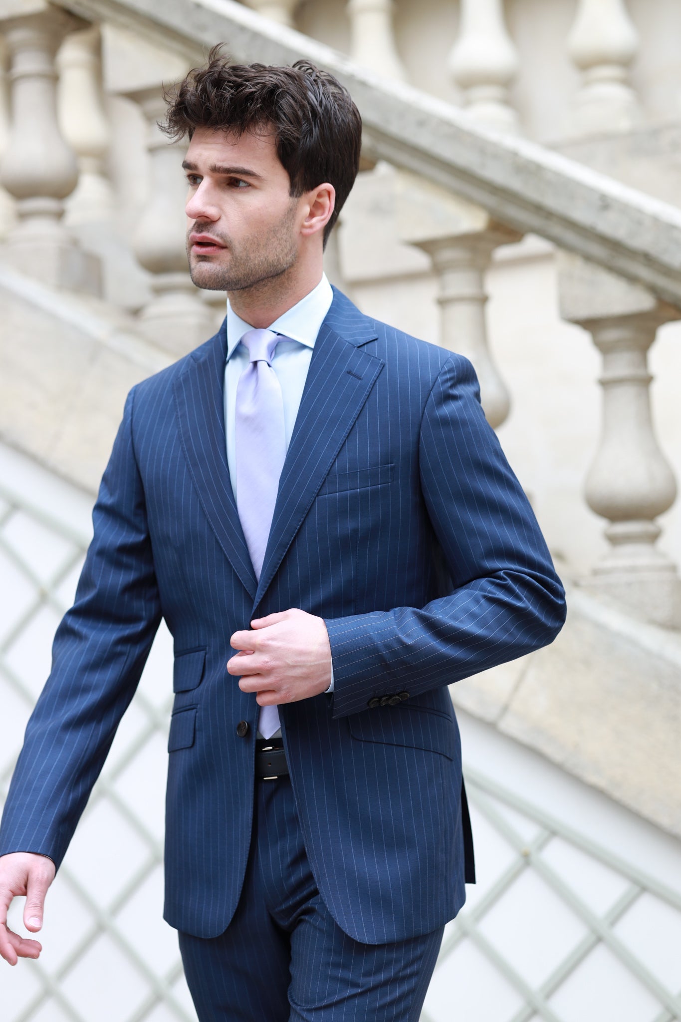 Costume Goal en laine Super 100'S Rayure Tennis Marine - Curling Paris