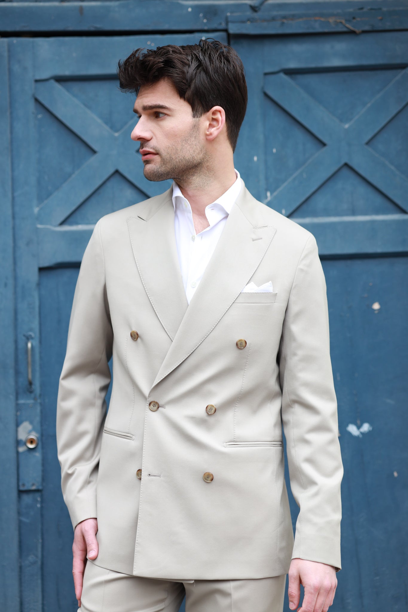 Costume croisé laine super 110'S beige Vitale Barberis Curling Paris