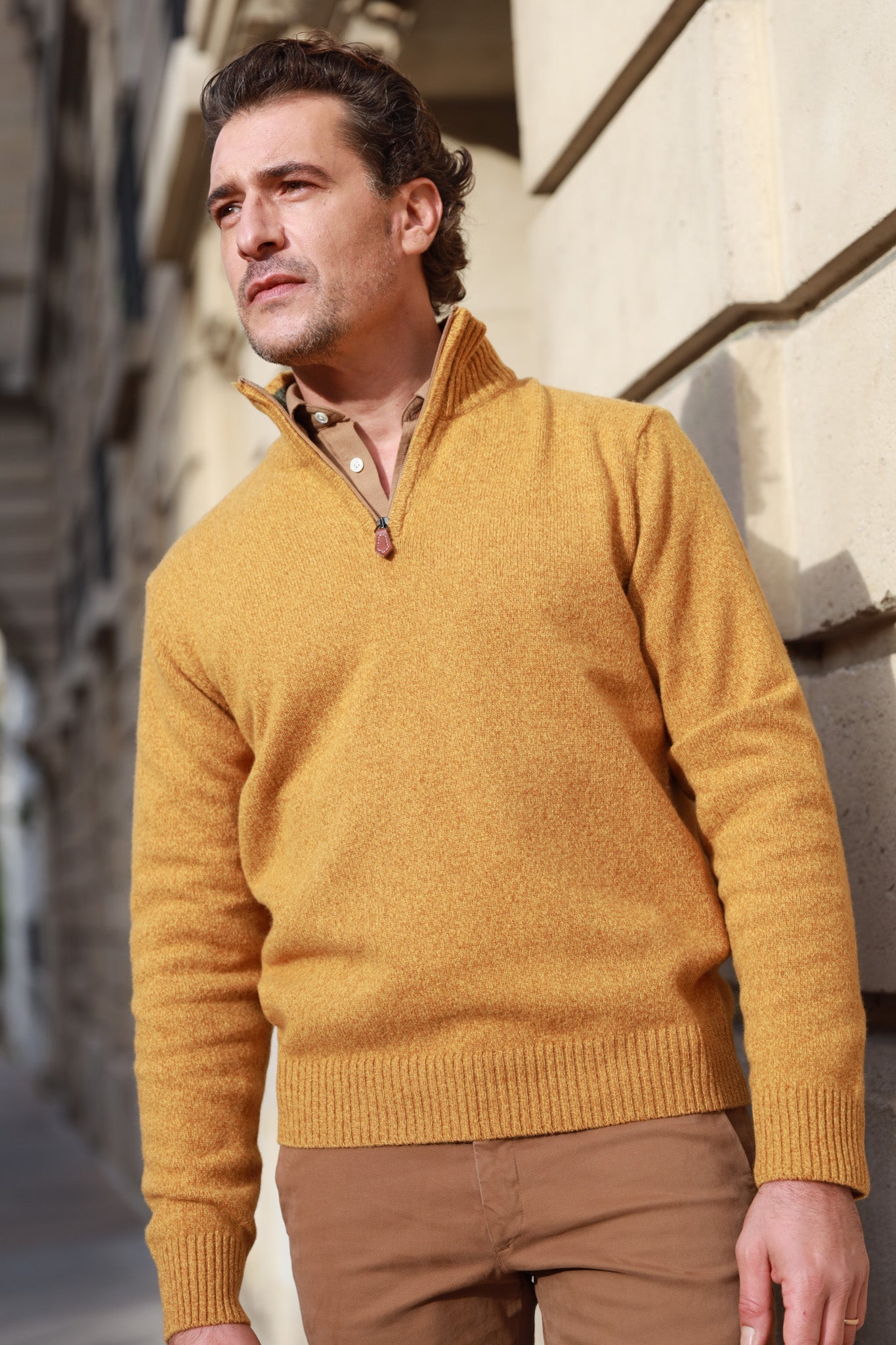 Jude Zipped Neck Sweater in Lambswool - Mustard
